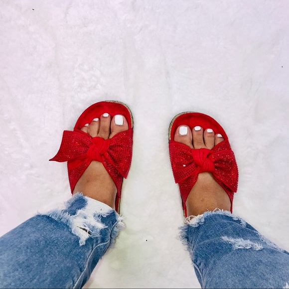 Shoes | Last One Size 6 Embellished Bow Cork Slides In Red | Poshmark